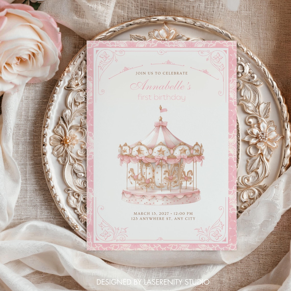 Editable Pink Carousel First Birthday Invitation | Digital Version ...