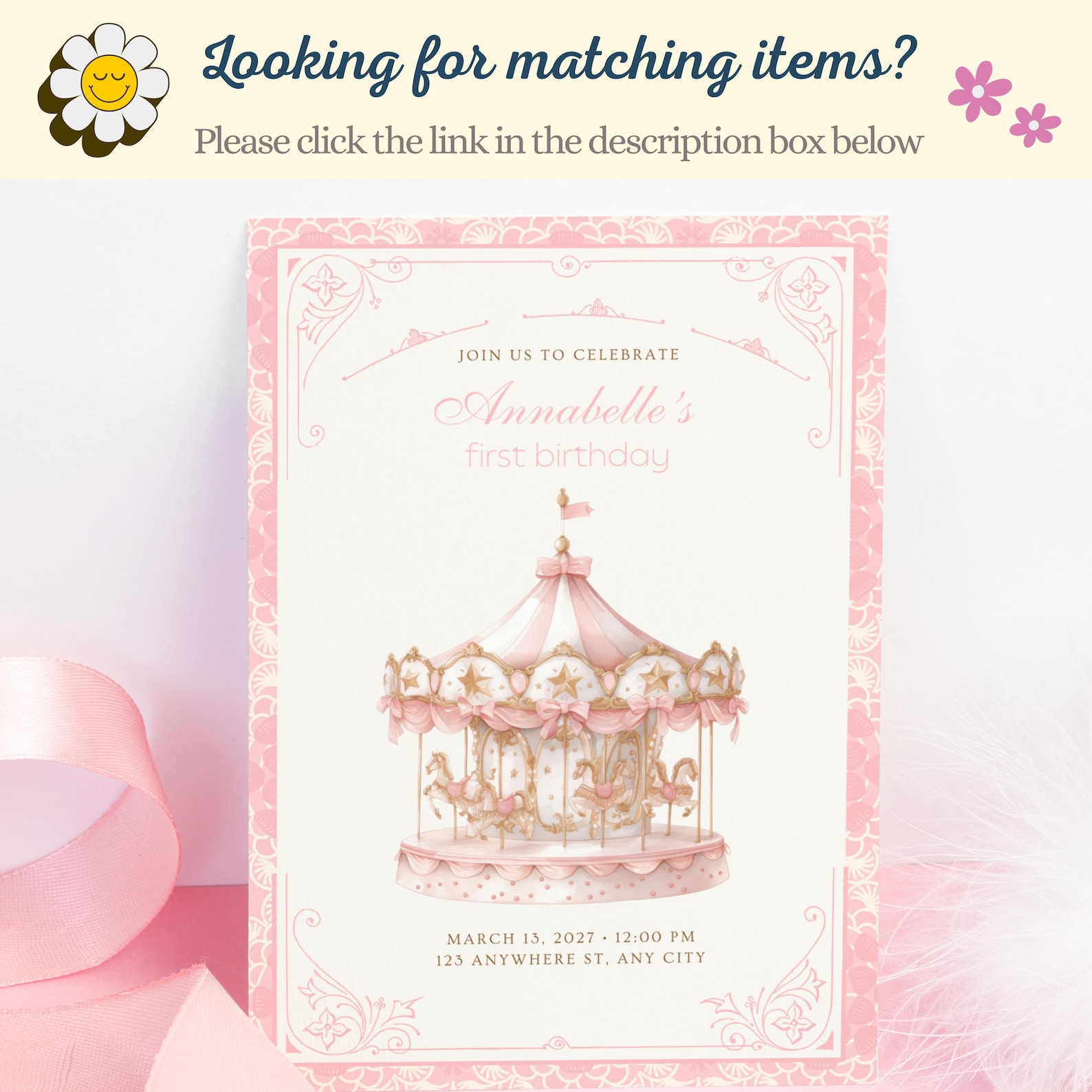 Editable Pink Carousel First Birthday Welcome Sign | Digital Version ...