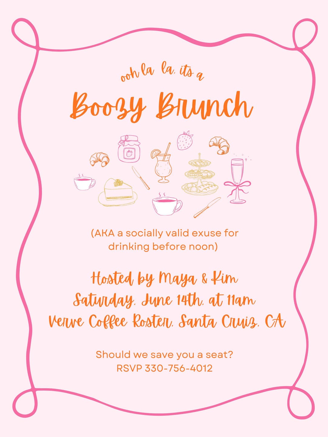 Editable Boozy Brunch Invitation Template | Pink & Orange Brunch Party ...