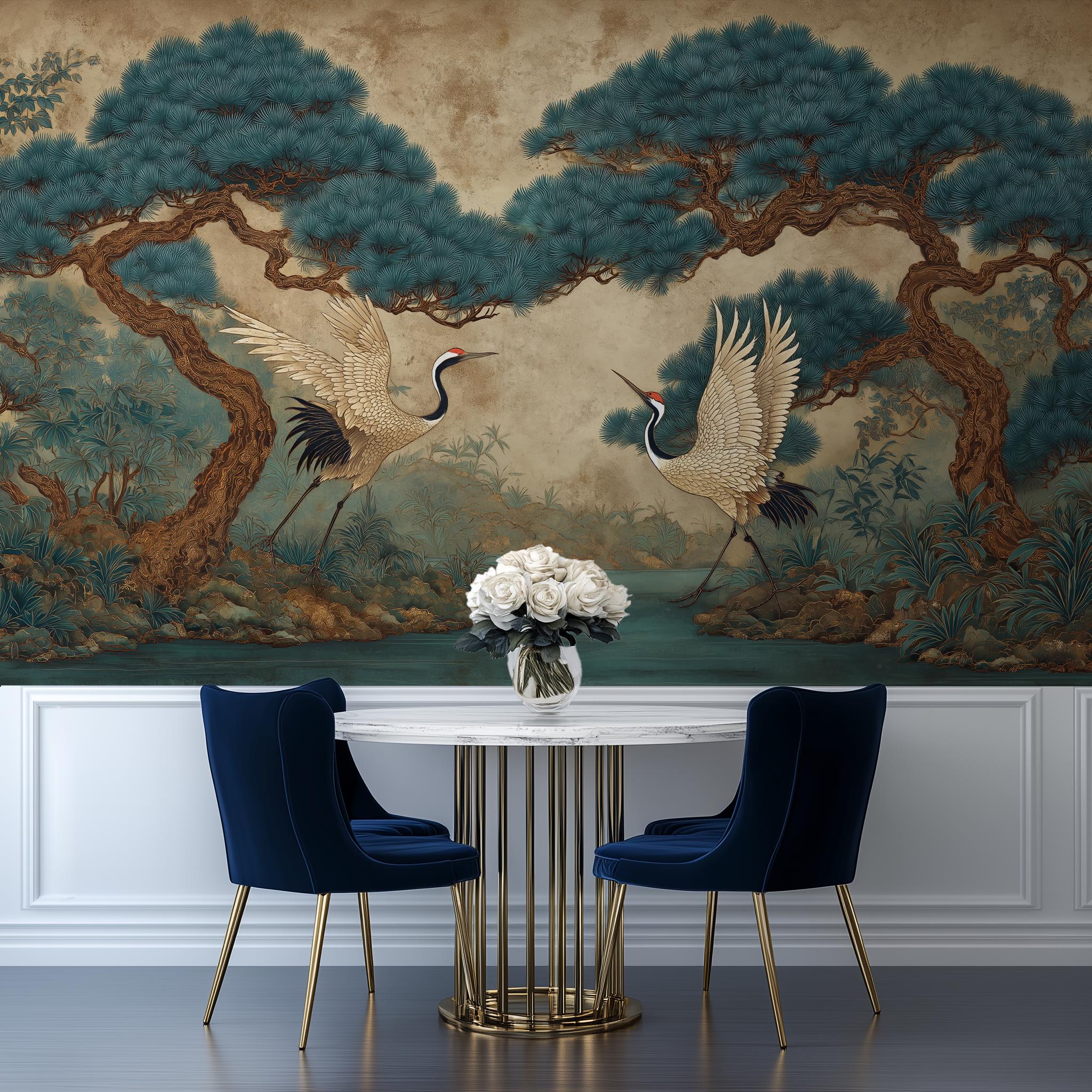 Japanese Crane Birds Wall Mural, Zen Landscape Wallpaper With Pine ...