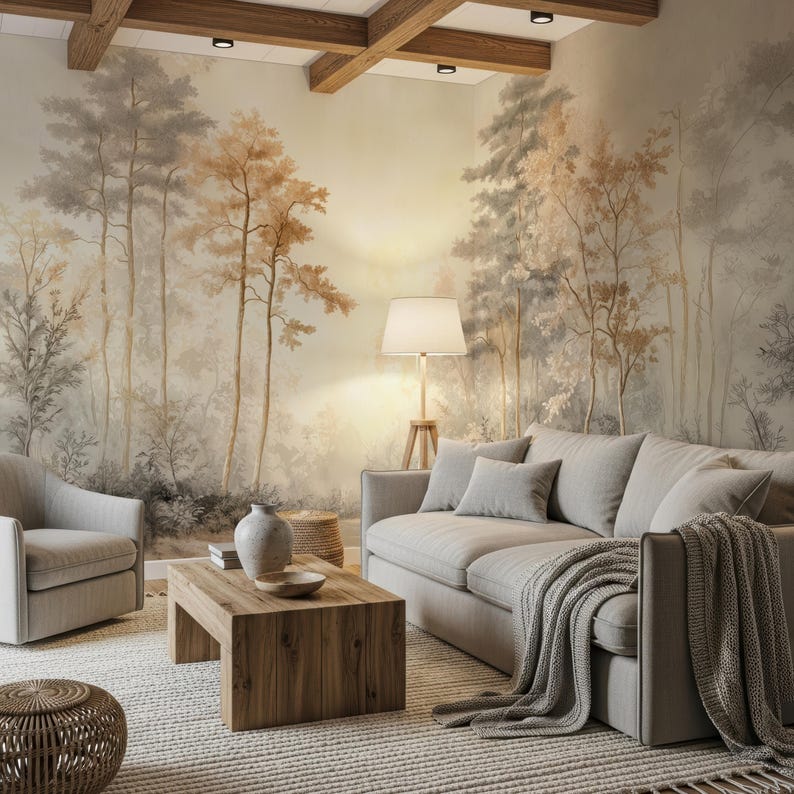 Forest Wall Mural Wallpaper, Neutral Woodland Landscape Design, Luxury ...