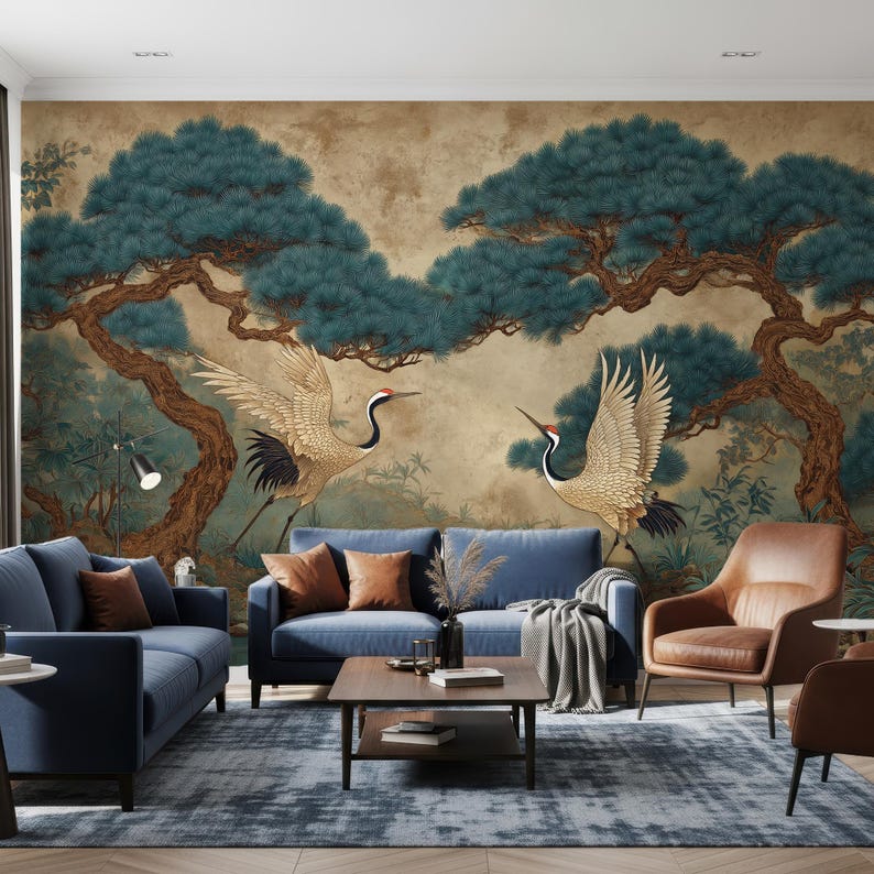 Japanese Crane Birds Wall Mural, Zen Landscape Wallpaper With Pine ...