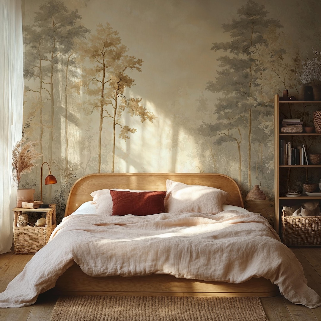 Forest Wall Mural Wallpaper, Neutral Woodland Landscape Design, Luxury ...