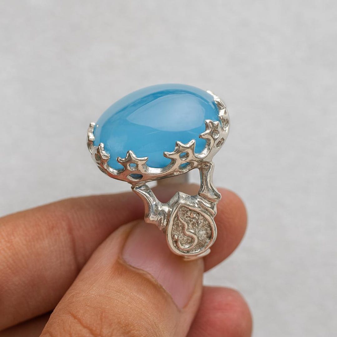 Blue Agate Aqeeq Silver Ring for Men – Handmade Oval Spiritual ...