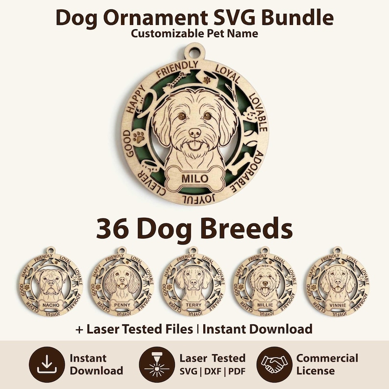 36 Dog Breed Ornament SVG Bundle - Variety Pack - 3D Layered Laser Cut ...