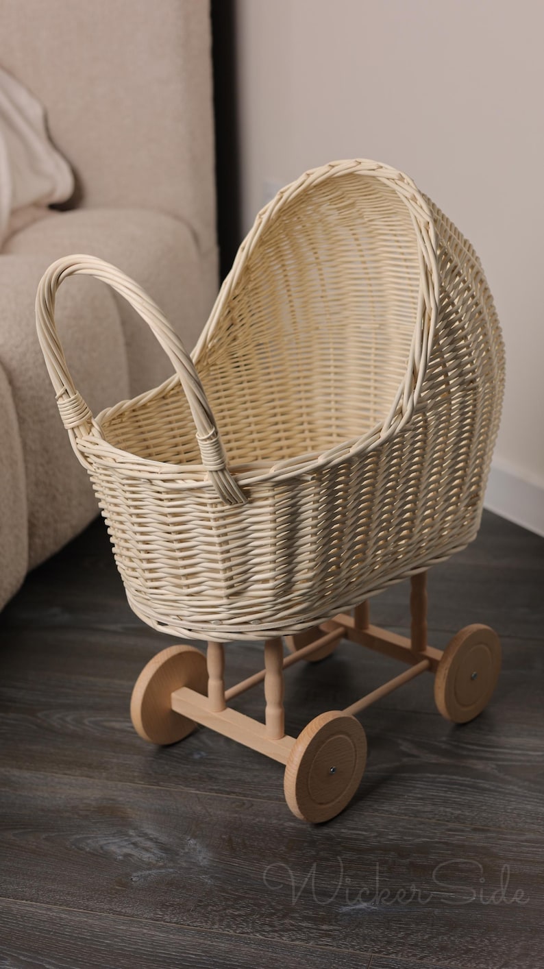 Handmade Wicker Doll Pram With Bedding, Premium Rattan Baby Carriage ...