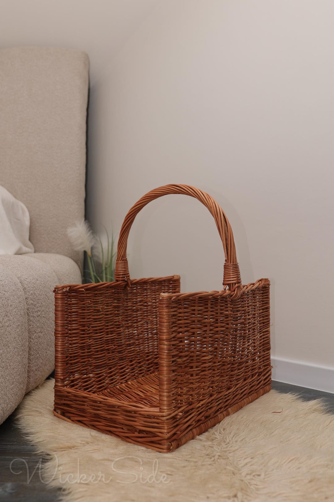 Handmade Wicker Firewood Basket With Handle, Natural Rattan Log Holder ...