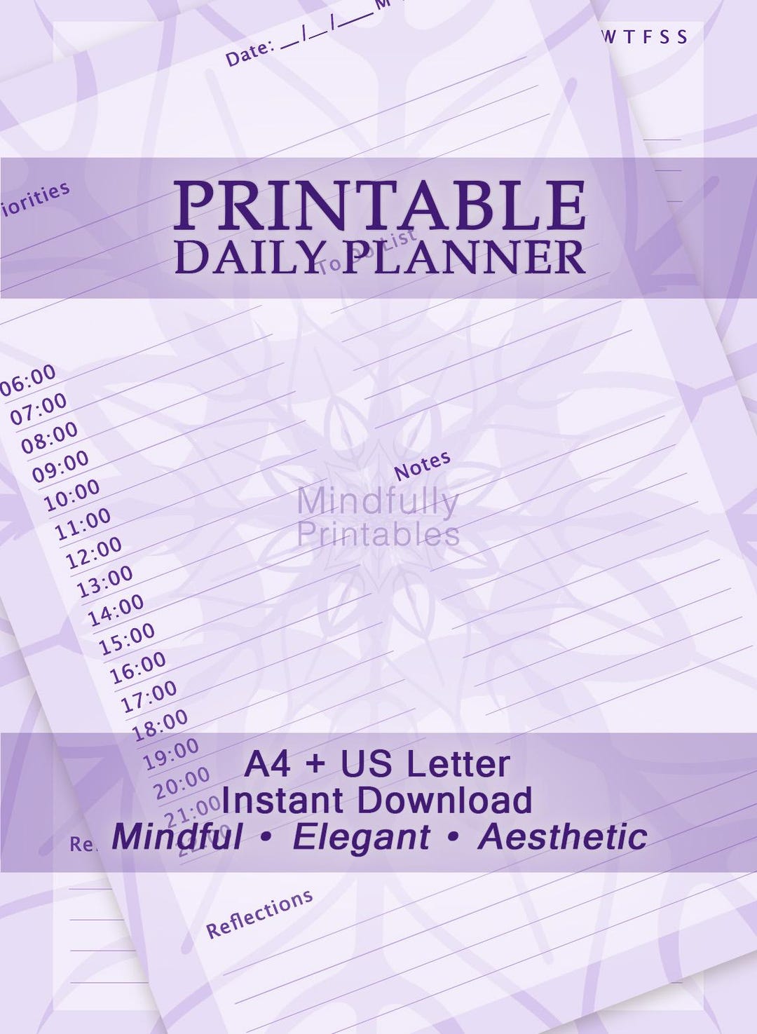 Daily Planner Printable: Purple Mandala Schedule, To-do List (PDF ...