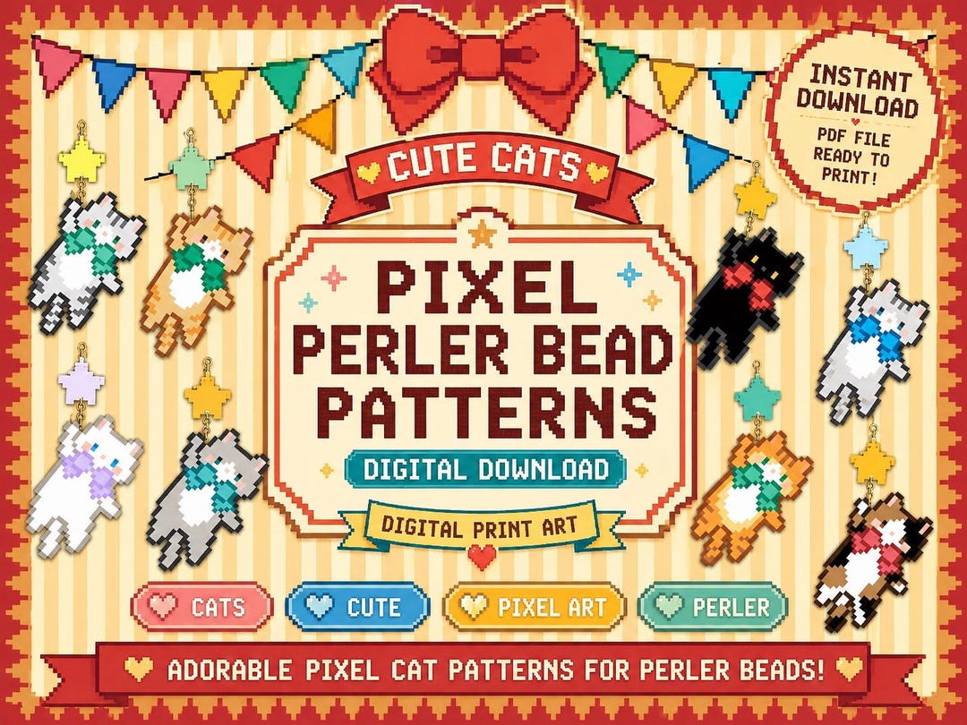 Pixel Perler Bead Cat Charm Patterns (digital Download) – Kawaii Craft ...