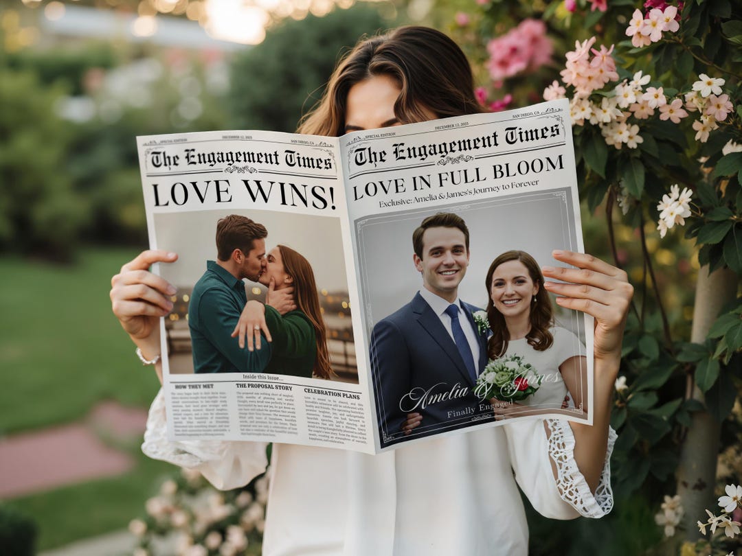 Canva Wedding Engagement Newspaper Template, Editable Newspaper Wedding ...