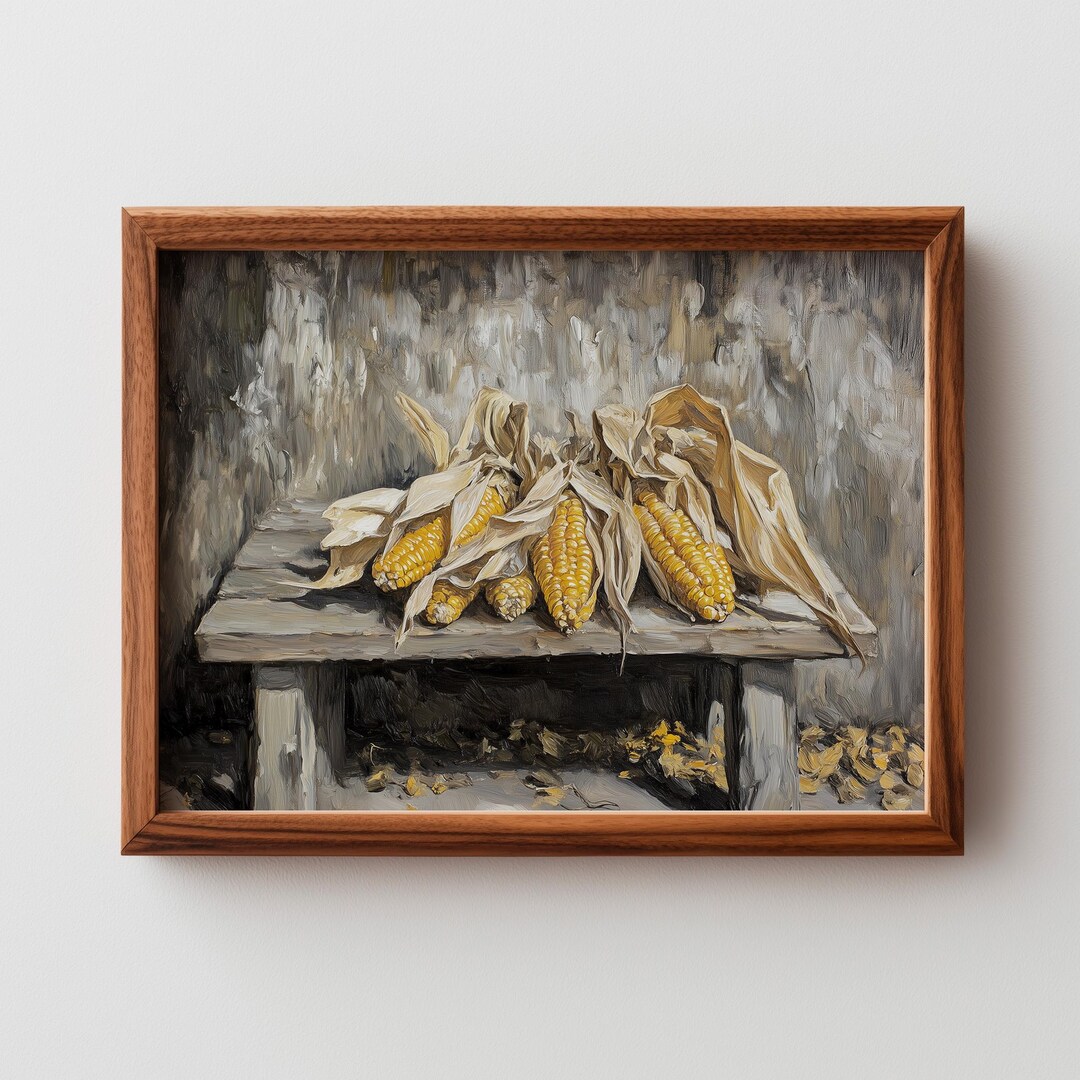 Rustic Oil Painting of Dried Corn Husks - Farmhouse Wall Art, Harvest ...