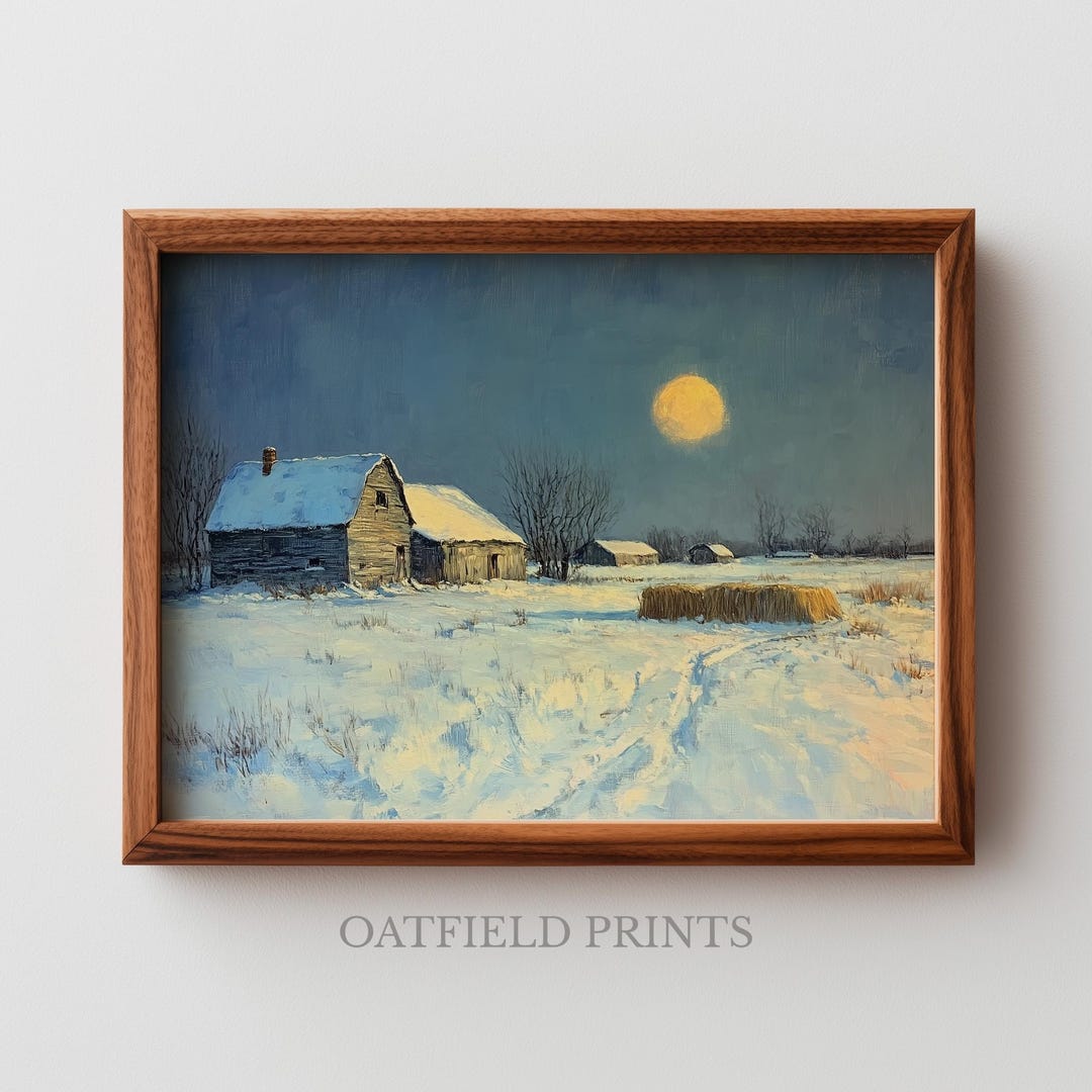 Rustic Winter Farmstead Printable Art - Moody Nighttime Landscape, Cozy ...