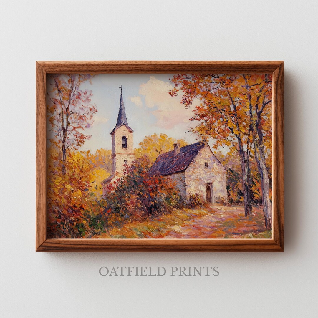 Autumn Village Church Scene - Rustic Fall Landscape Art, Church in ...