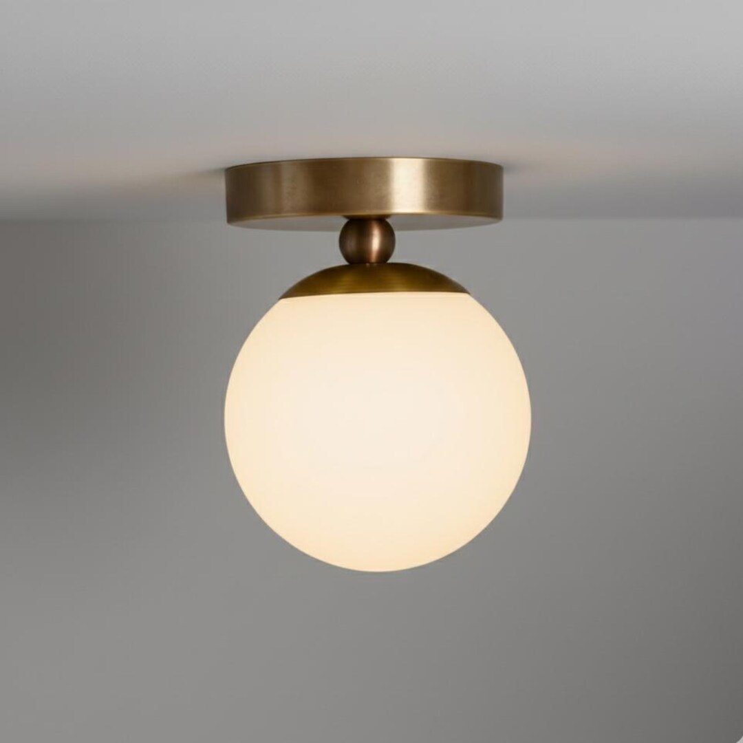 Mid Century Brass Globe Ceiling Fixture – Handmade Opal Flush Mount - Etsy
