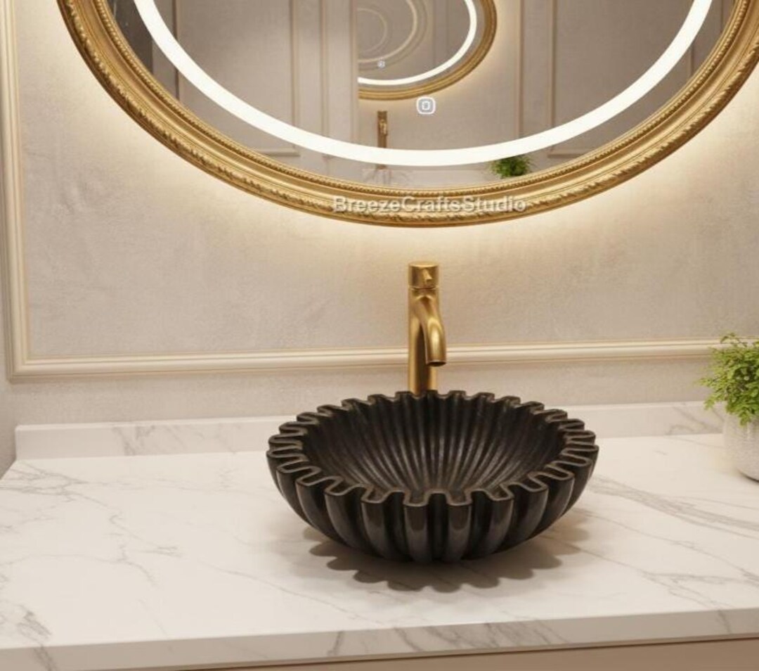 Artisan Ruffled Stone Bowl Sink | Vanity Washbasin Contemporary Fluted ...