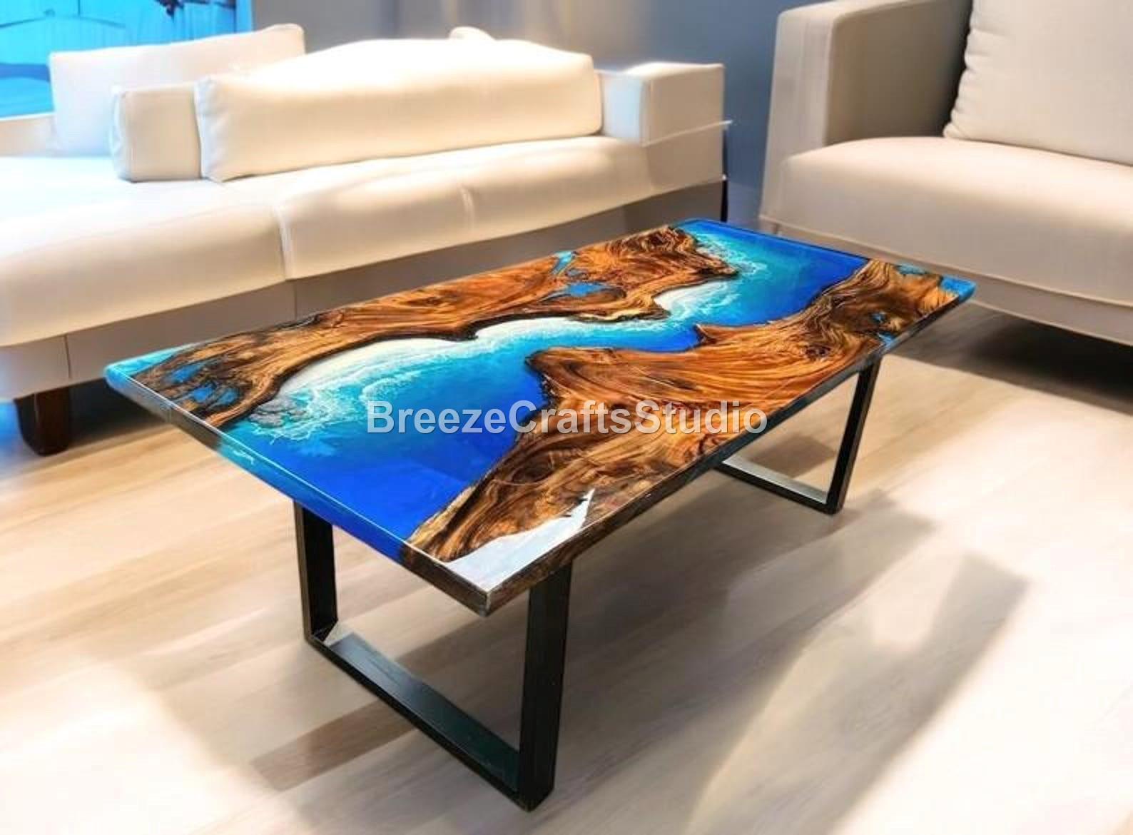 Live Edge Wood Ocean Blue Epoxy Resin Artistic Coastal Inspired River ...