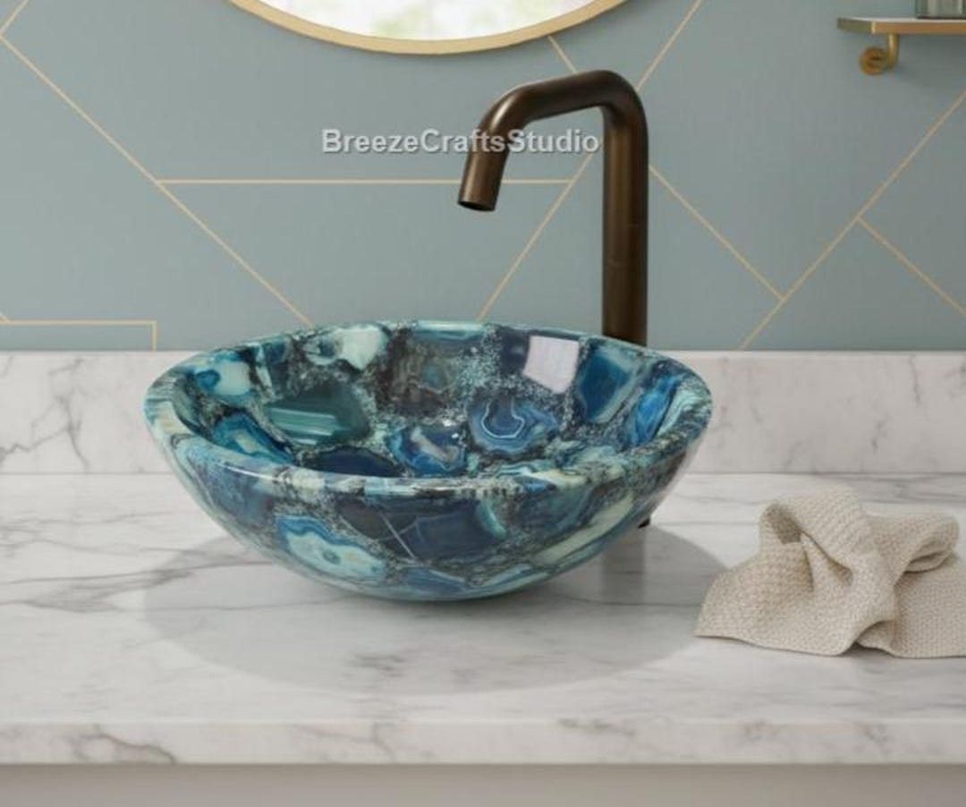 Handcrafted Teal and Deep Blue Agate Wash Basin | Luxury Natural ...