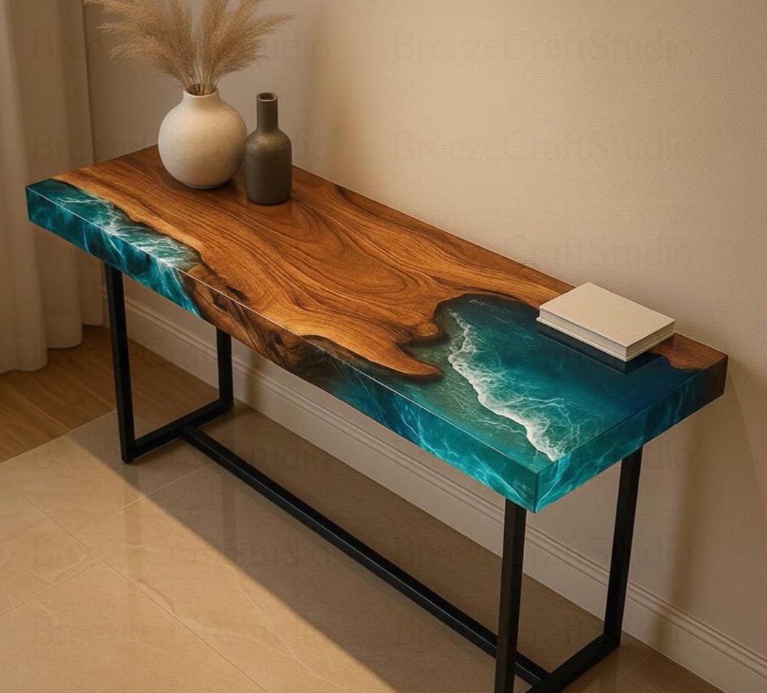 Live Edge Wood & Ocean Wave Epoxy Console Table – Handmade Resin ...