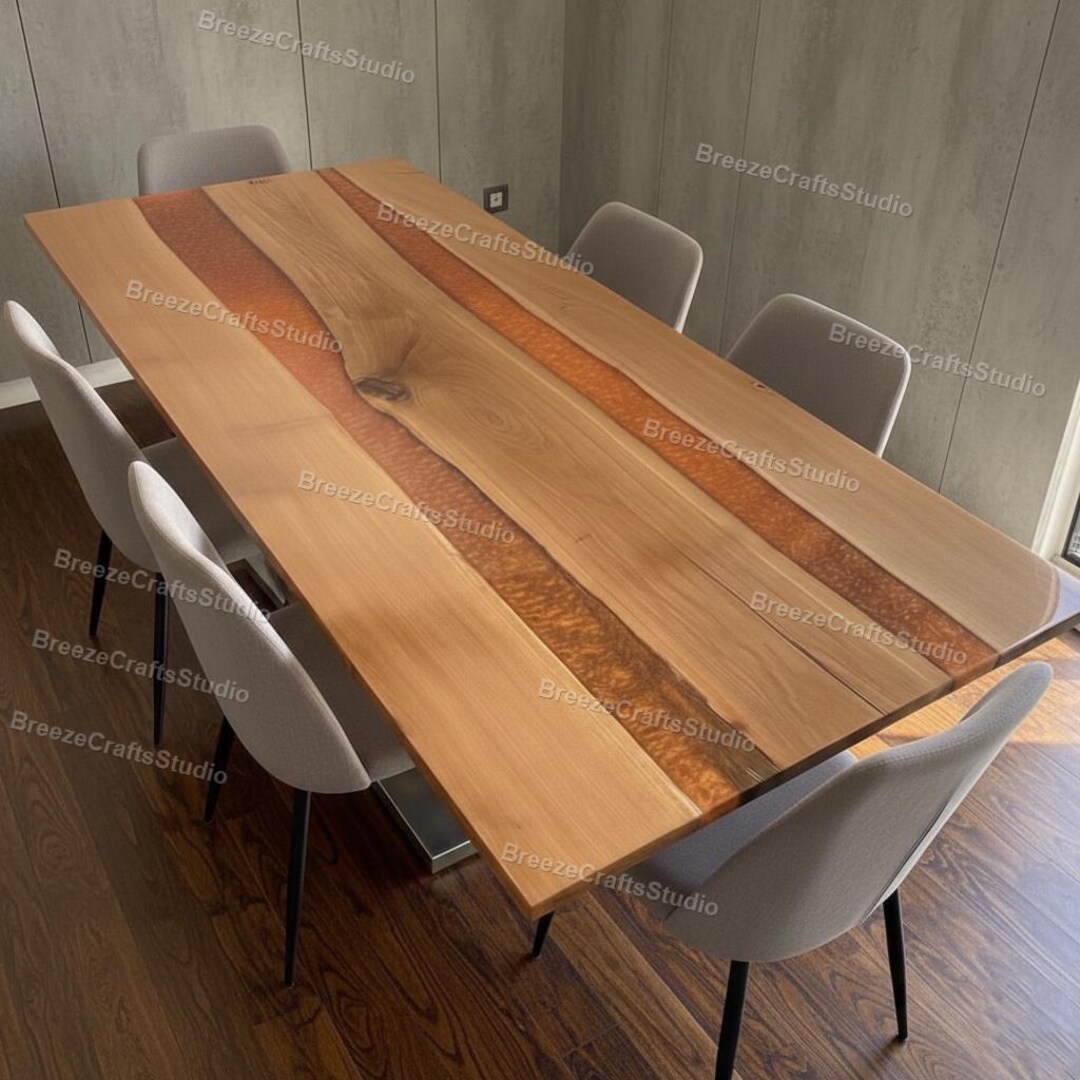 Live Edge Wood & Amber Epoxy River Tabletop – Luxury Handmade Dining ...