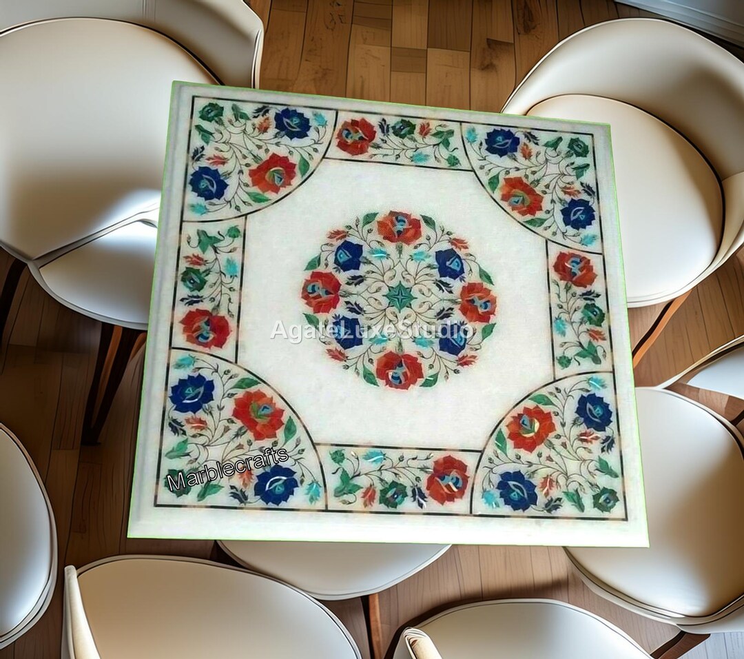 Handcrafted White Marble Floral Inlay Table | Square Pietra Dura Dining ...