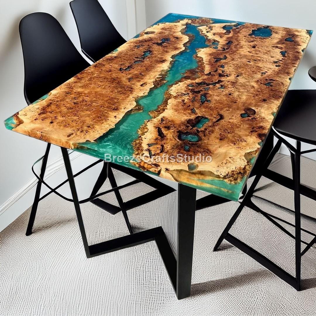 Luxury Teal Ocean Epoxy River Table | Handmade Live Edge Burl Wood ...