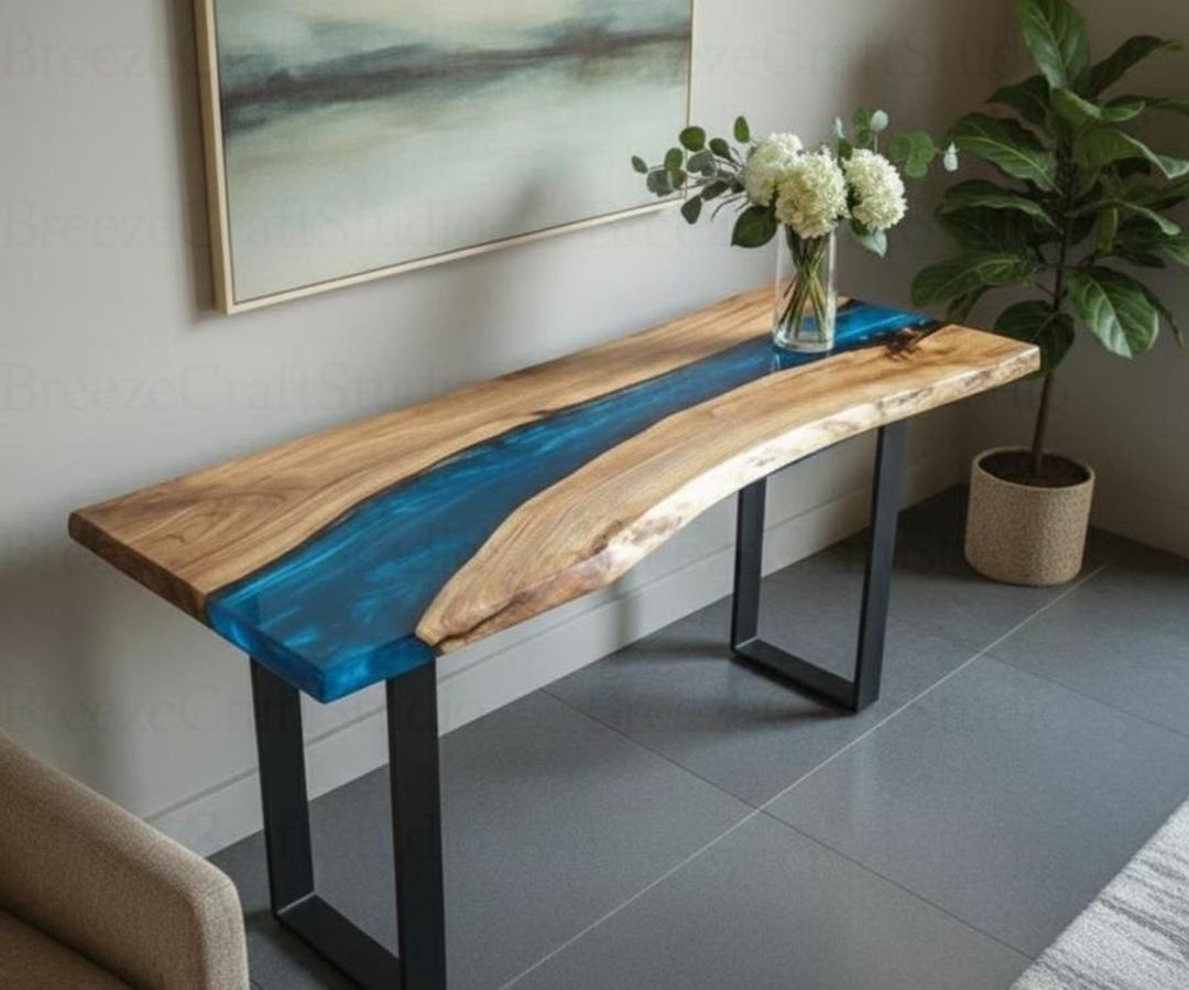 Handmade Live Edge Wood & Blue Epoxy River Console Table | Modern ...