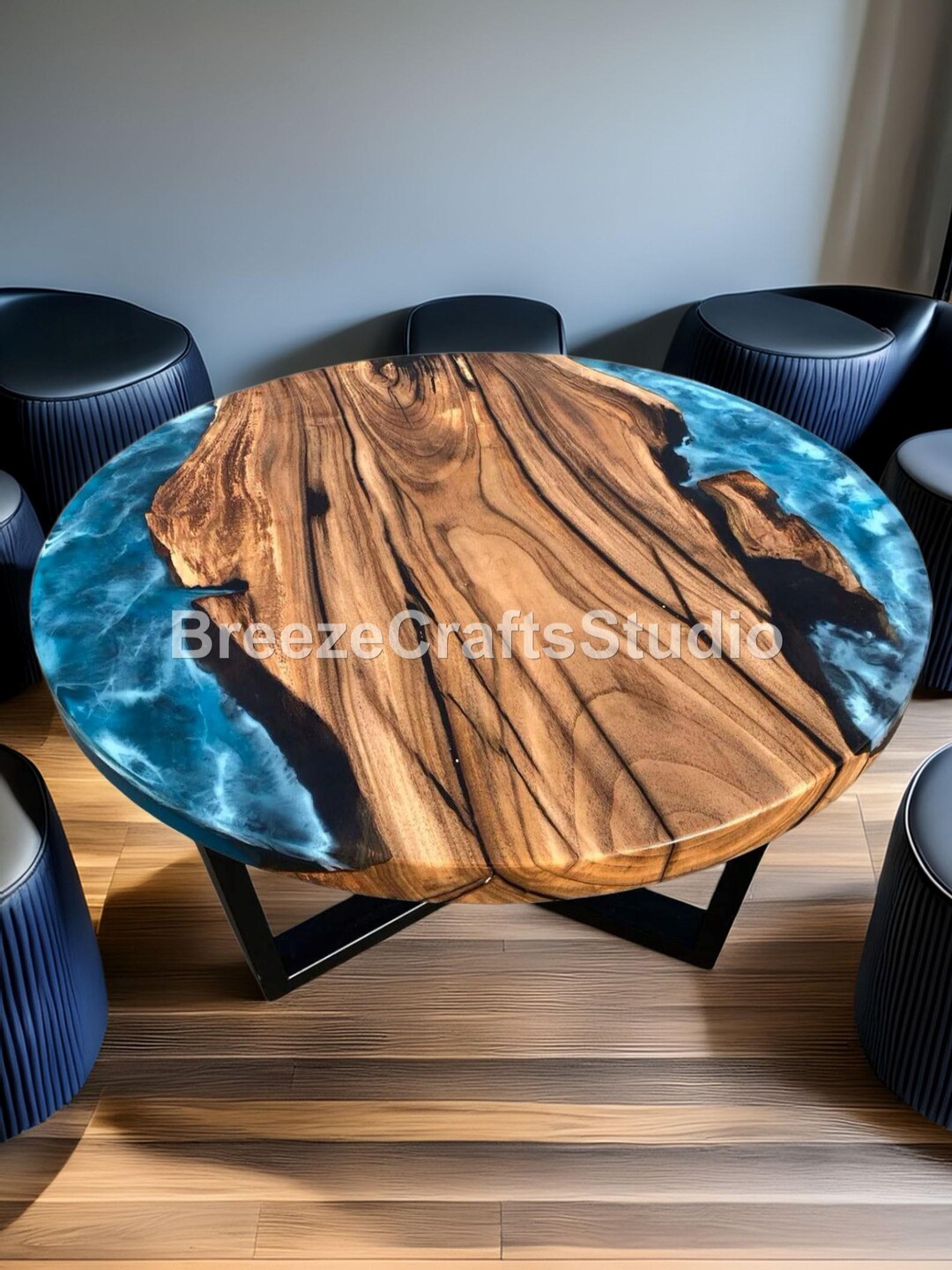Round Wood Blue Resin River Table Live Edge Epoxy Ocean-inspired Dining ...