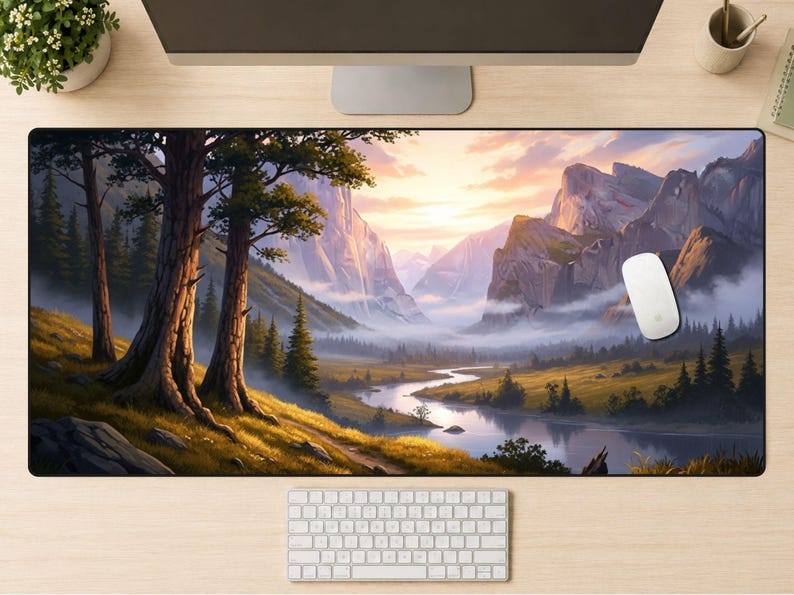 Mountain Valley River Desk Mat, Golden Hour Sunrise Nature Art Gaming ...