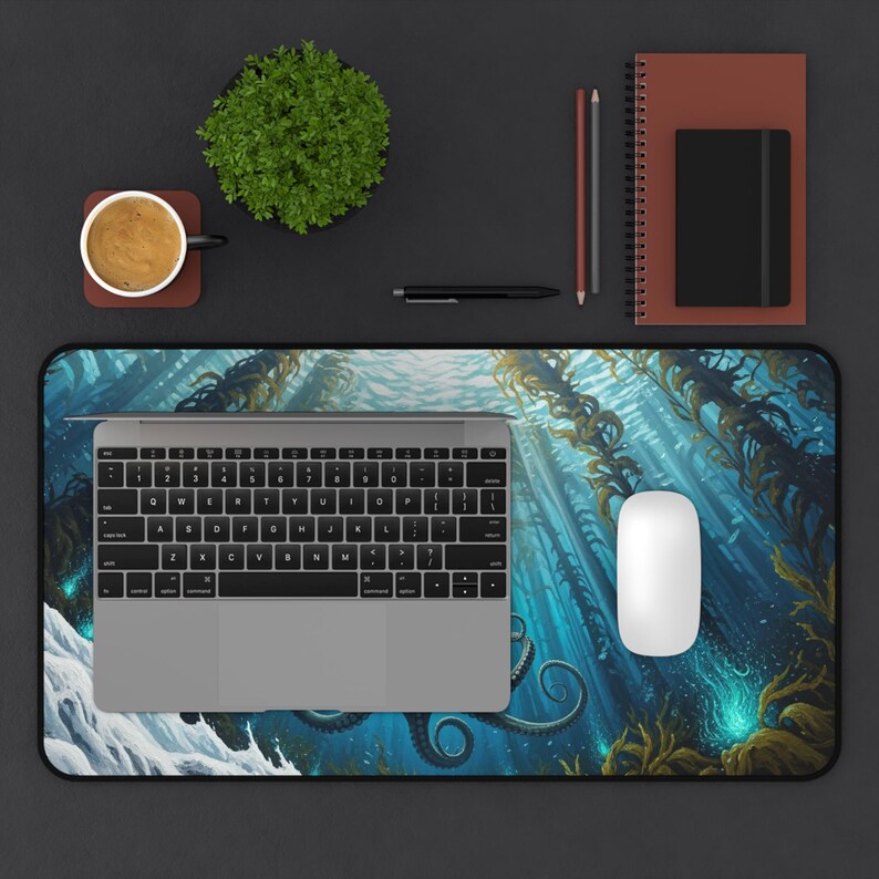 Majestic Octopus Kelp Forest Desk Mat, Bioluminescent Deep Sea Ocean ...