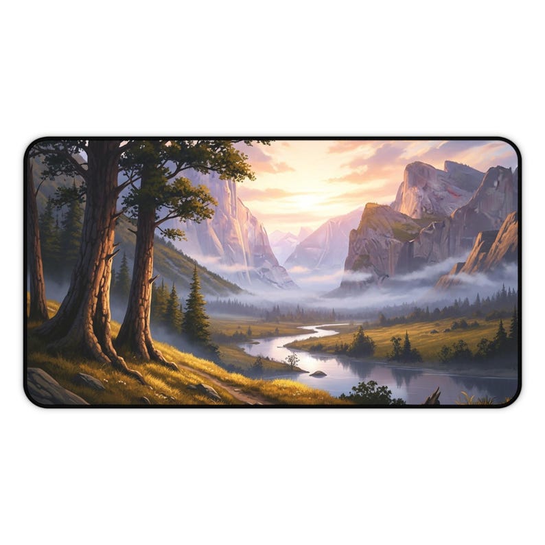 Mountain Valley River Desk Mat, Golden Hour Sunrise Nature Art Gaming ...