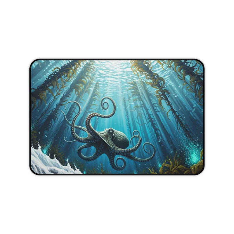 Majestic Octopus Kelp Forest Desk Mat, Bioluminescent Deep Sea Ocean ...