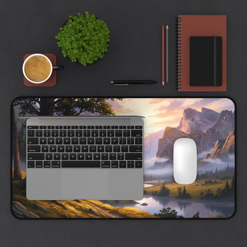 Mountain Valley River Desk Mat, Golden Hour Sunrise Nature Art Gaming ...