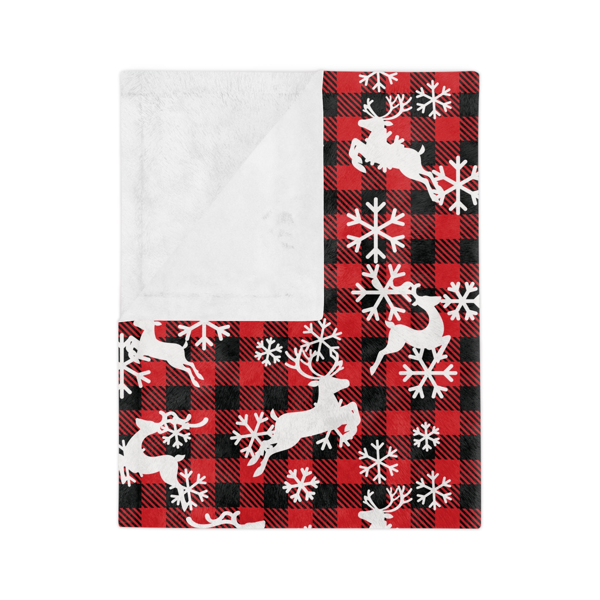 Red Plaid Velveteen Blanket, Snowflakes and Reindeer - Etsy