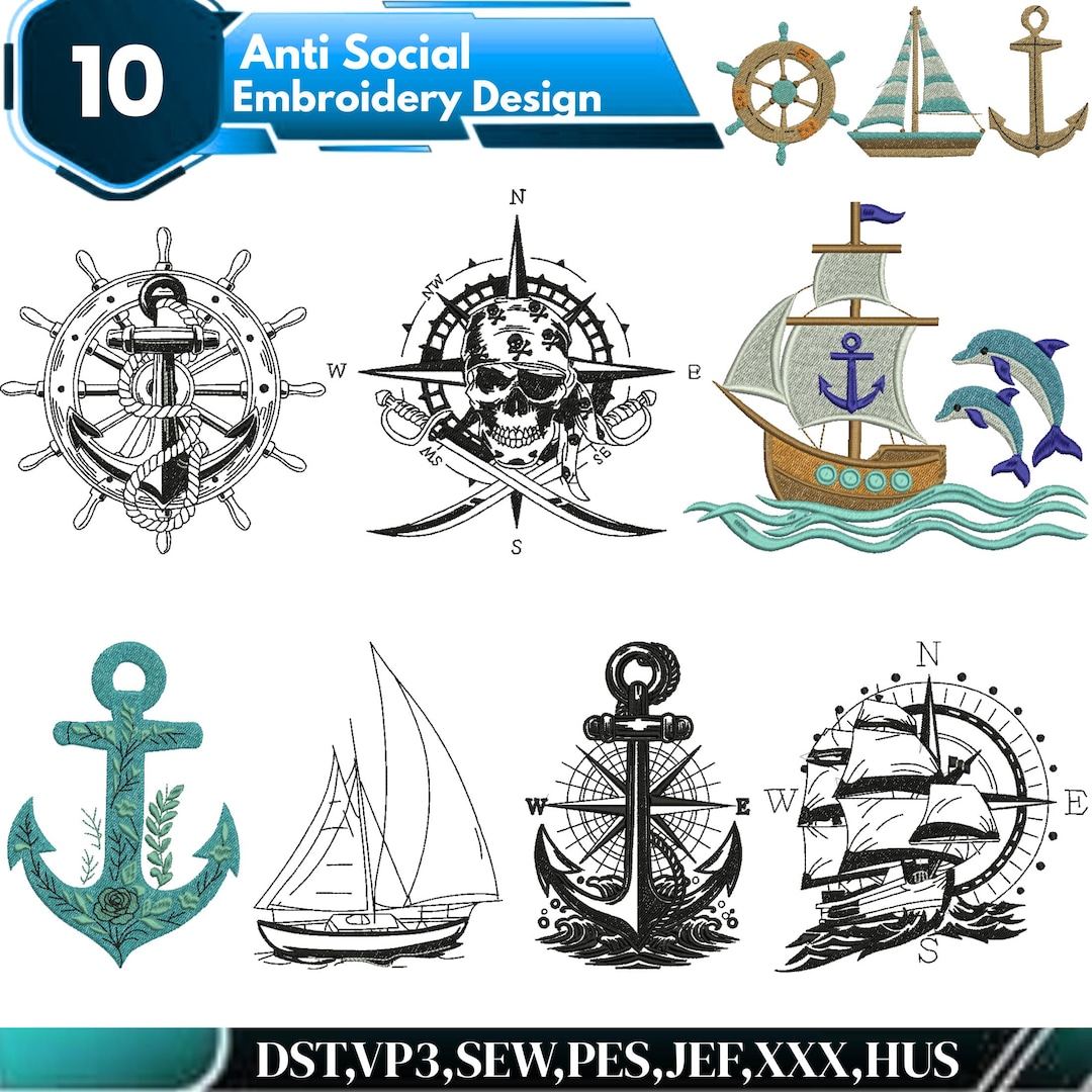 Nautical Embroidery Design Bundle | Anchor Ship Compass Sailboat ...