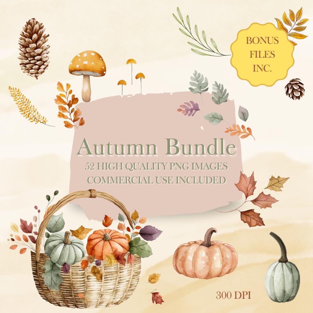 Watercolor Fall Clipart Bundle: Leaves, Pumpkins, Mushrooms (PNG ...