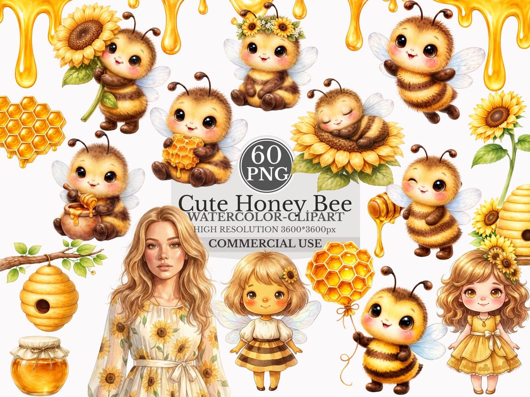Cute Honey Bee Clipart Bundle, Bee Watercolor Clipart, Kawaii Bee PNG ...