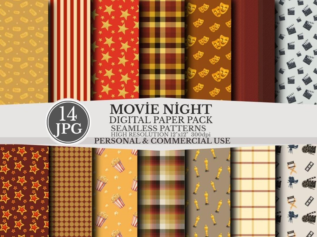 Movie Night Digital Paper Pack Seamless Cinema Patterns Film Night ...