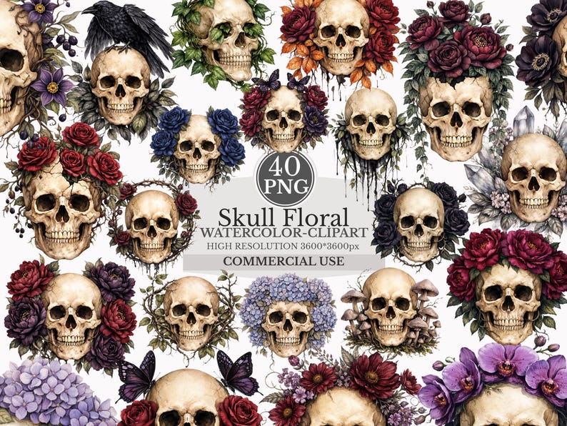 Skull Floral Clipart Bundle, Gothic Skull PNG, Dark Aesthetic Flowers ...