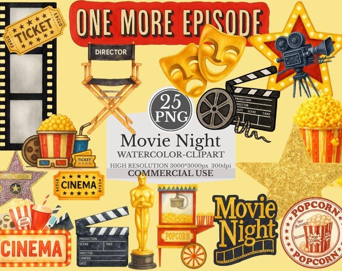 Movie Clipart, Watercolor Cinema Clipart, Summer Clip Art, Film ...