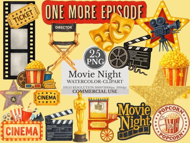 Retro Cinema Clipart Set Movie Night Watercolor PNG Cinema Icons ...