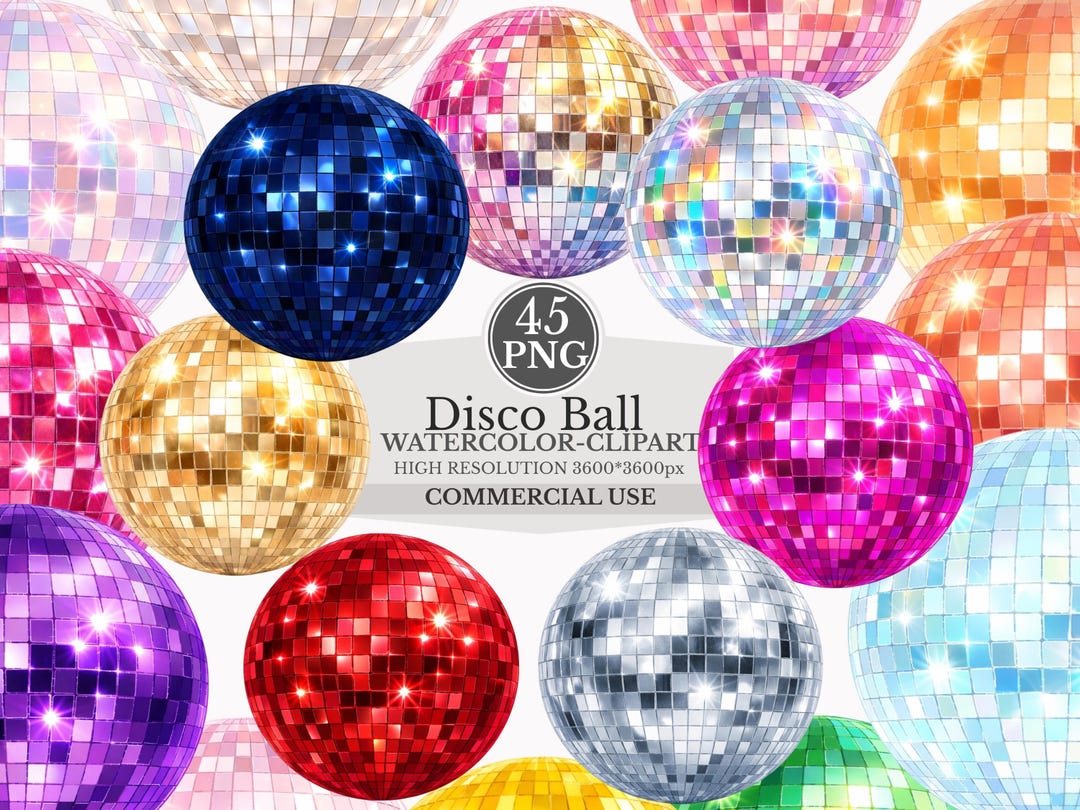 Disco Ball Clipart Bundle, Mirror Ball PNG, Party Disco Watercolor ...