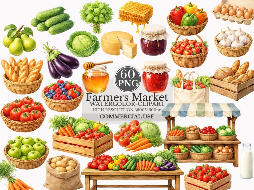 Farmers Market Watercolor Clipart Bundle Rustic Farm Food PNG Fruits ...