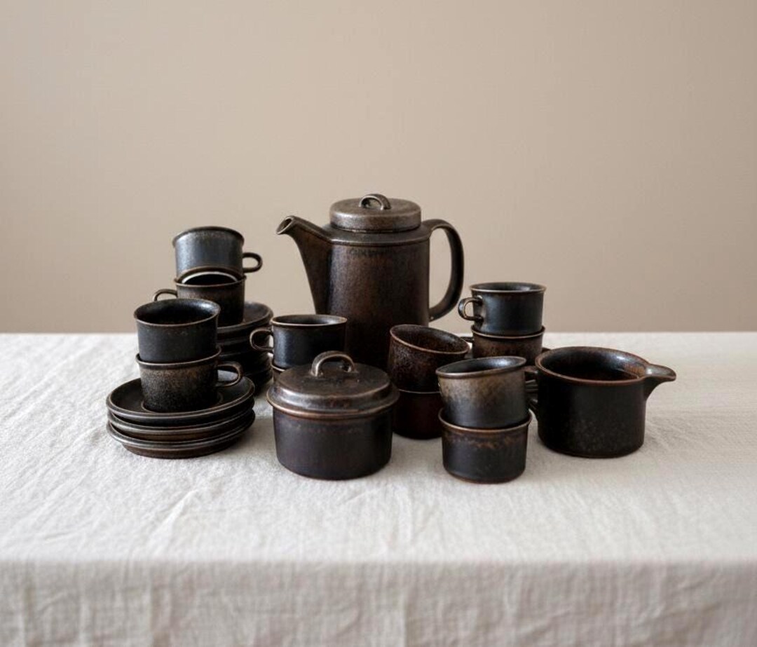 Arabia Ruska Espresso Set 12 Cups Saucers Coffee Pot Sugar Bowl Creamer ...