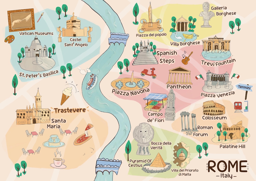 Illustrated Rome Map — Printable Cartoon City Poster, Digital Download ...