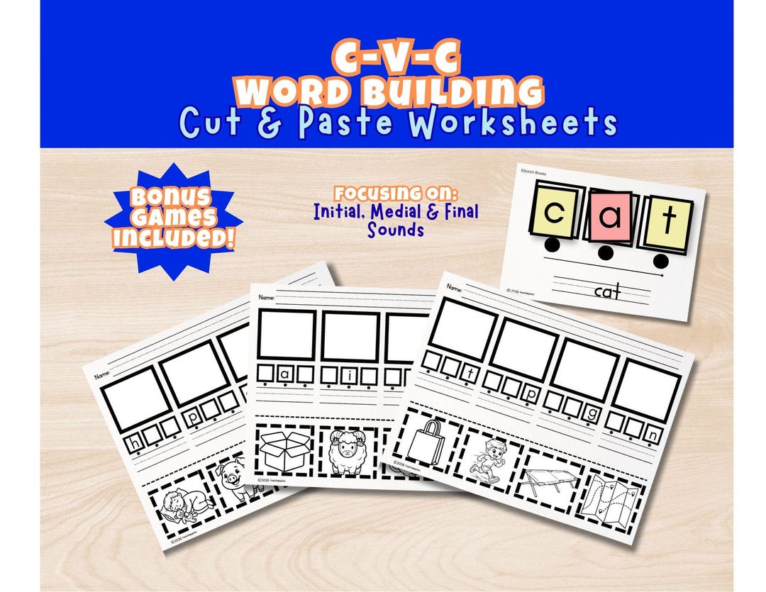 Kindergarten CVC Words Cut & Paste, Missing Letter Worksheets, Phoneme ...