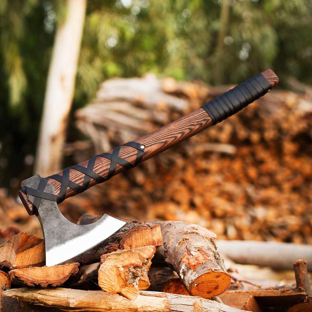 Hand Forged Carbon Steel Viking Axe: Ragnar Lothbrok , Leather Wrapped ...