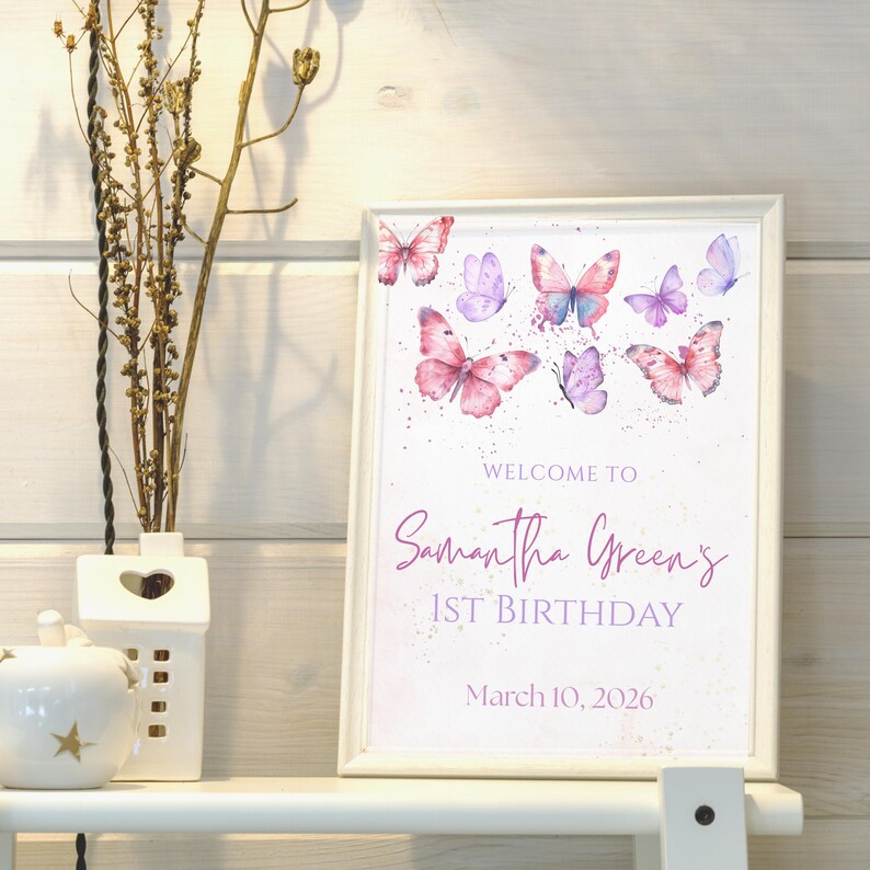 Watercolor Butterfly 1st Birthday Welcome Sign, Pink Purple Kids Party ...
