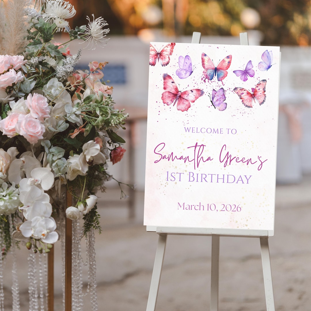Watercolor Butterfly 1st Birthday Welcome Sign, Pink Purple Kids Party ...