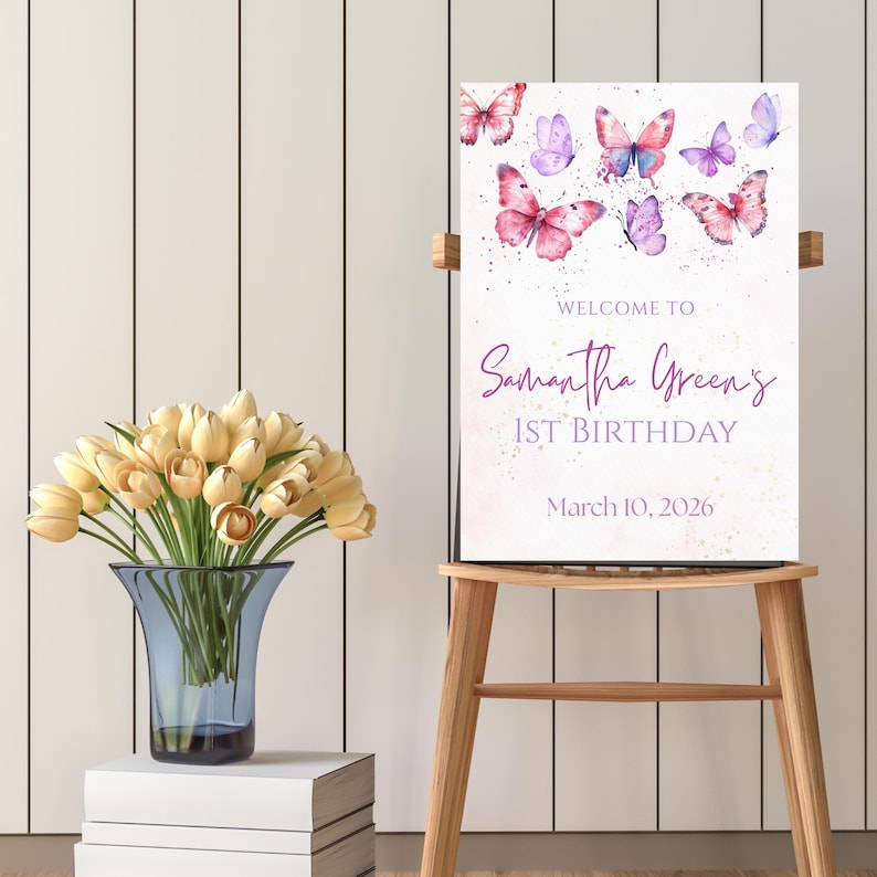 Watercolor Butterfly 1st Birthday Welcome Sign, Pink Purple Kids Party ...