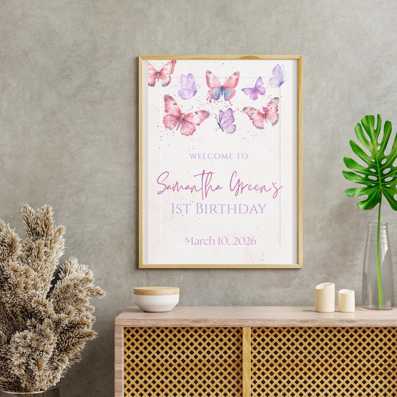 Watercolor Butterfly 1st Birthday Welcome Sign, Pink Purple Kids Party ...